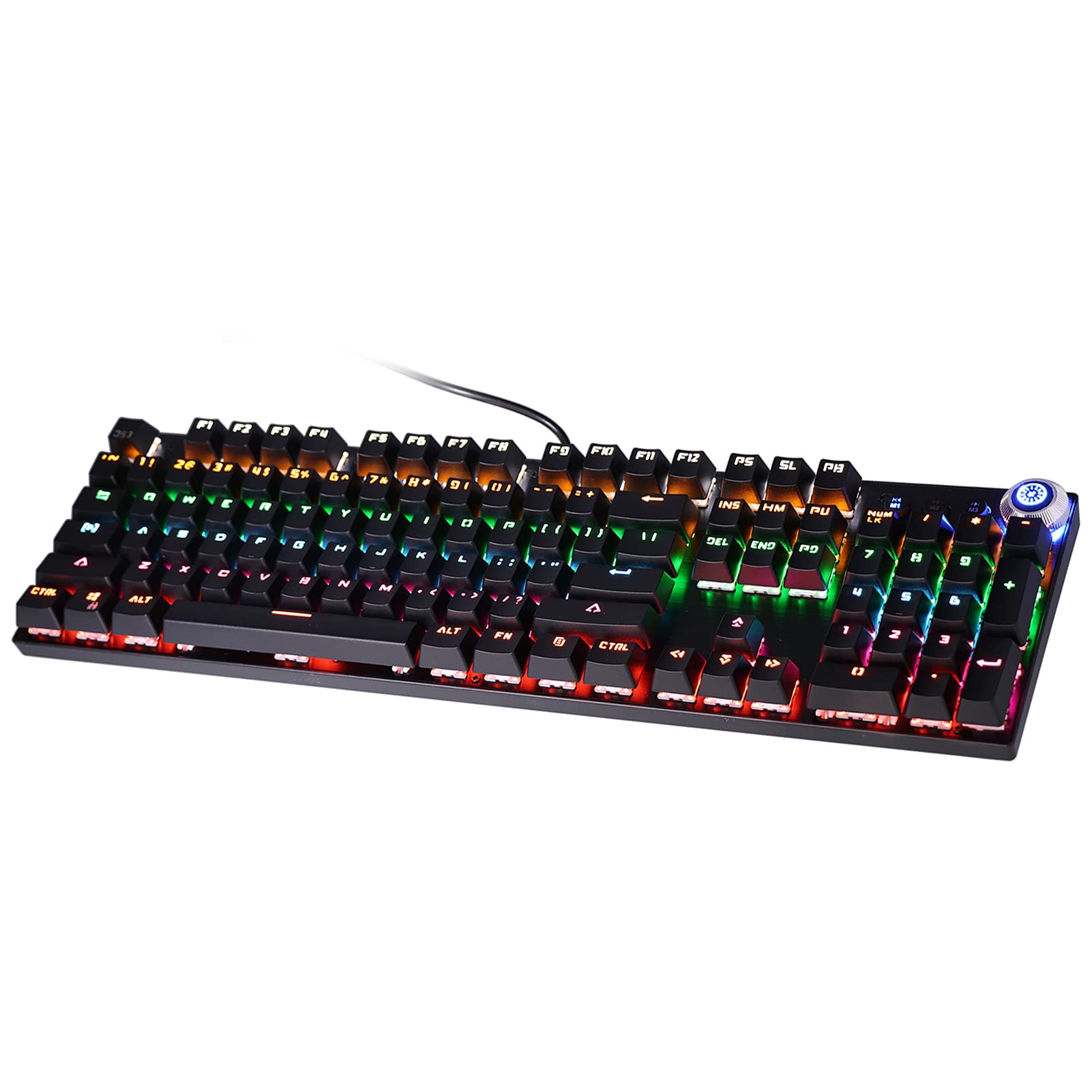 wendeekun Mechanical Illuminated Keyboard, 2 Color Injection 9 Lighting Effects Knob Version, Colorful Backlit Wired 104 Keys Gaming Keyboard