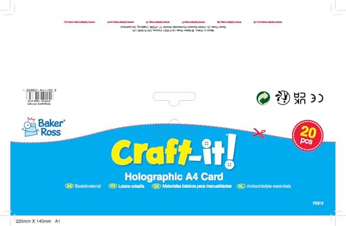 Baker Ross Holographic Card Pack - Pack of 20, Metallic Card, Craft Supplies for Kids, Ideal for Craft Activities and Decoration Making (FE813)
