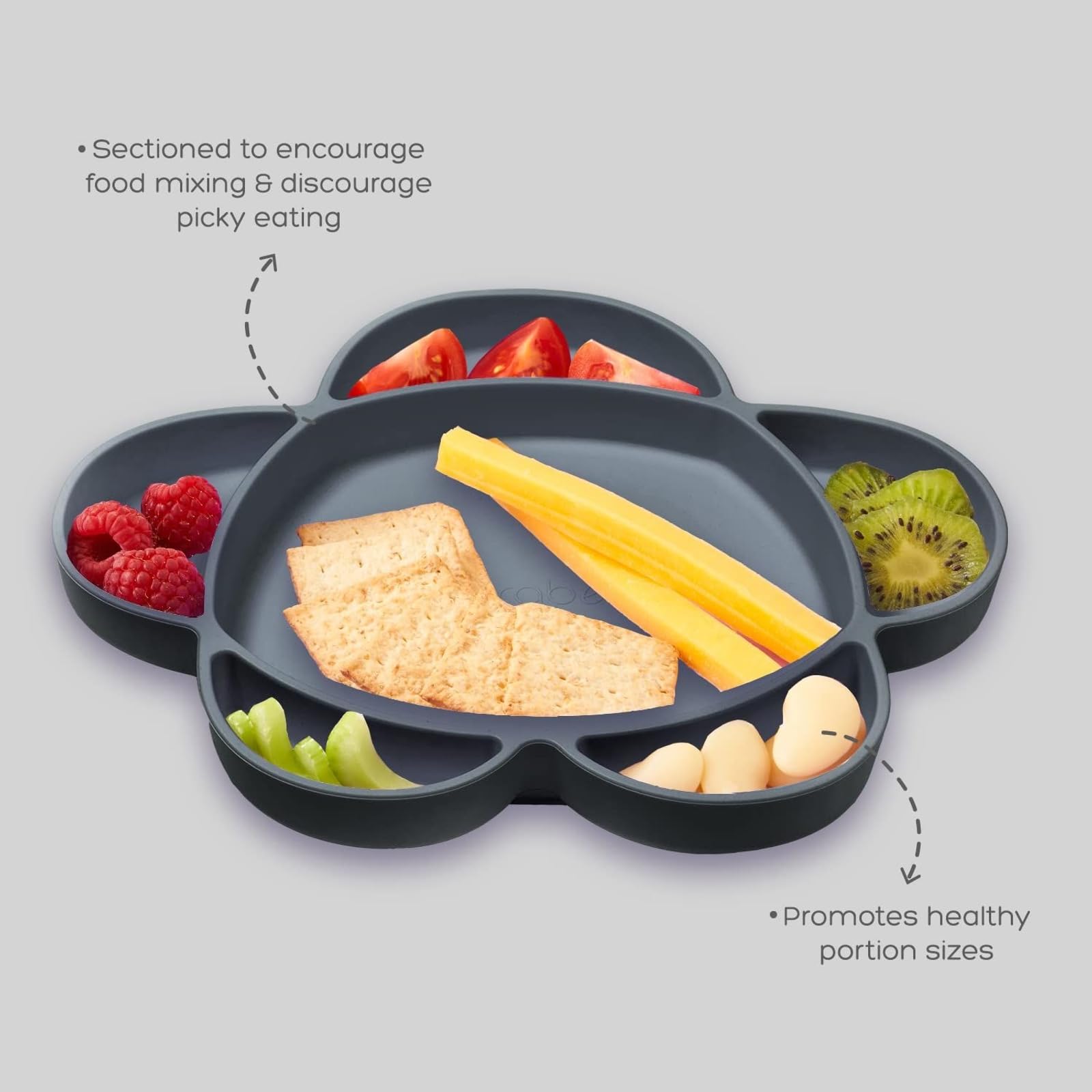 grabease Silicone Suction Plate for Baby & Toddler Self-Feeding, 6-Section Dish With Stay-Put Grip, BPA and Phthalates-Free, Dishwasher and Microwave Safe, Gray