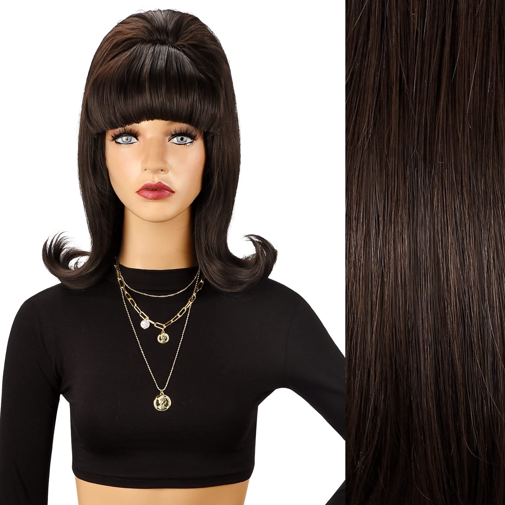 LONAI Retro Brown Wig 50s 60s 70s Wig with Bangs for Women Synthetic Hair for Halloween Costume Party