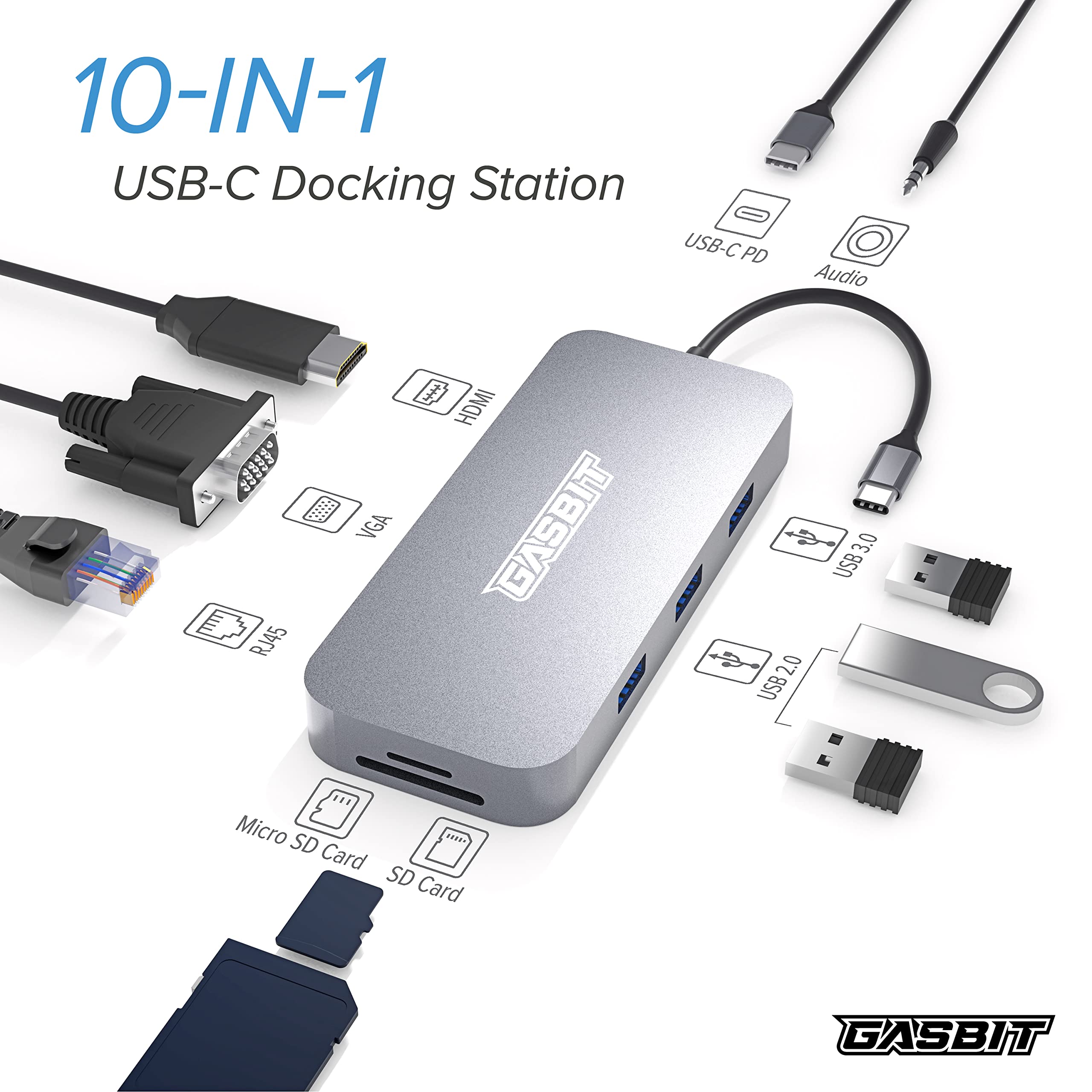 USB C Hub 10 in 1 for MacBook Pro/Air - Dell XPS - Lenovo - HP - 4K HDMI; Ethernet RJ 45; VGA; MicroSD/SD Card Reader; 2 x USB 2.0; 1 x USB 3.0; 1 x USB-C & Audio Jack.