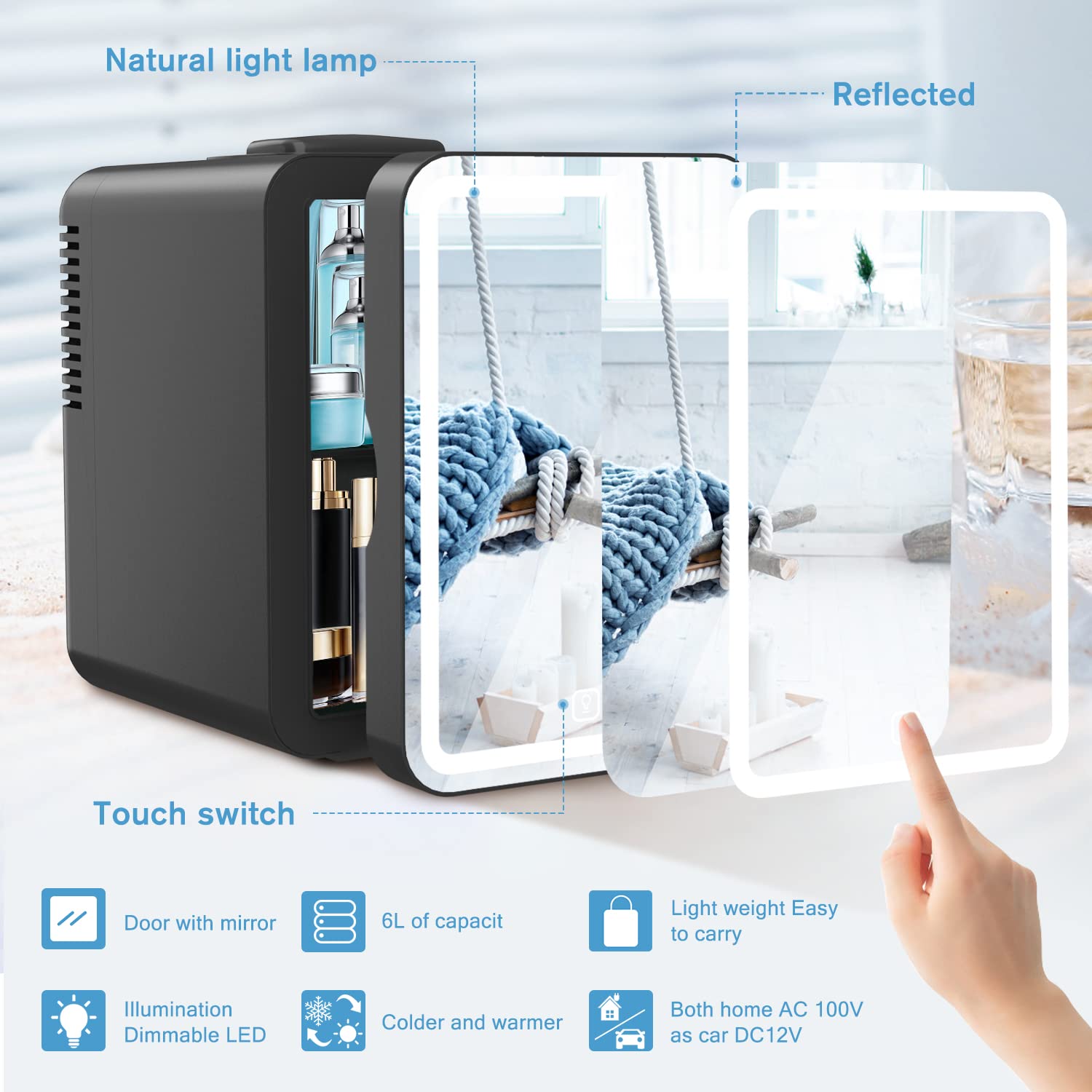 COOSEON Mini Fridge with Mirror, AC/DC Portable Thermoelectric Cooler and Warmer Refrigerators for Beauty, Skin Care, Makeup, Bedroom, Room, Car (6L-Black)