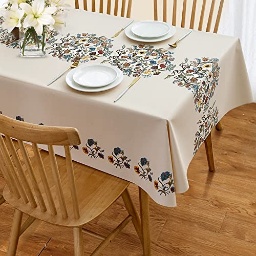 AIRCOWRIE Waterproof Vinyl Tablecloths, Heavy Duty Oil Proof Spill Proof Plastic Table Cloth, Wipe Clean PVC Table Cover for Spring Indoor and Outdoor Use (Embroidery Flower, 54βΓ108β, Rectangle)