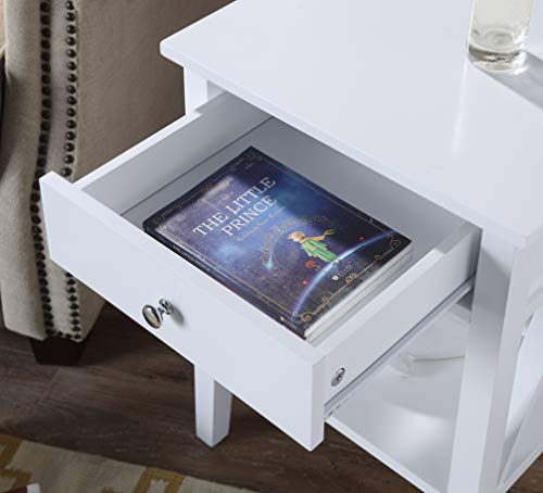 RAAMZO White Finish Nightstand Side End Table with Drawer and A-Design Sides