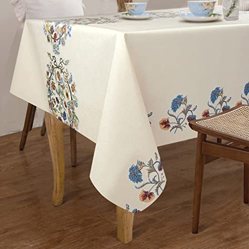 AIRCOWRIE Waterproof Vinyl Tablecloths, Heavy Duty Oil Proof Spill Proof Plastic Table Cloth, Wipe Clean PVC Table Cover for Spring Indoor and Outdoor Use (Embroidery Flower, 54βΓ108β, Rectangle)