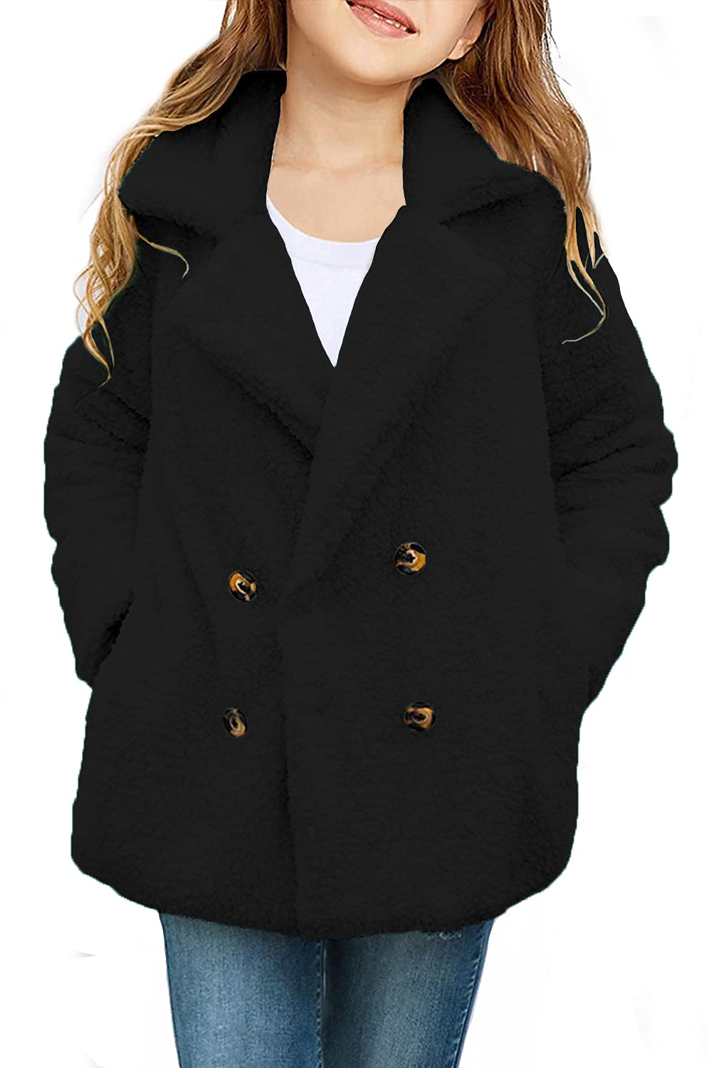 Nirovien Toddler Girls Fleece Jacket Lapel Button Up Teddy Long Coat Faux Warm Outerwear with Pockets(Black,4-5T)