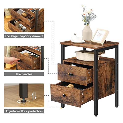 HOOBRO Nightstand, Bedside Table with 2 Drawers and Storage Shelves, Side End Table, Sofa Table for Living Room, Bedroom, Accent Furniture, Easy Assembly, Rustic Brown and Black BF43BZ01G2