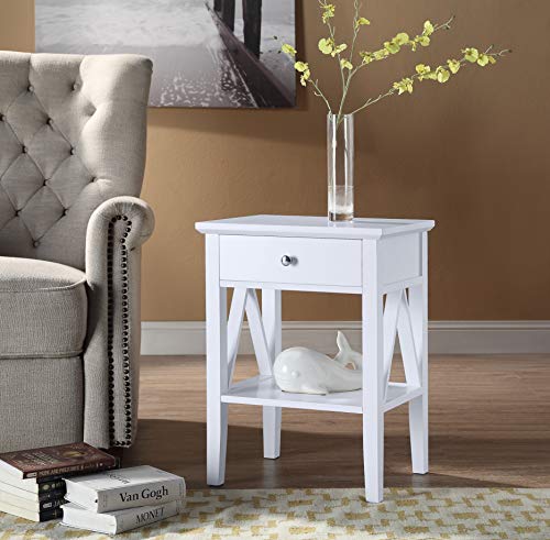 RAAMZO White Finish Nightstand Side End Table with Drawer and A-Design Sides