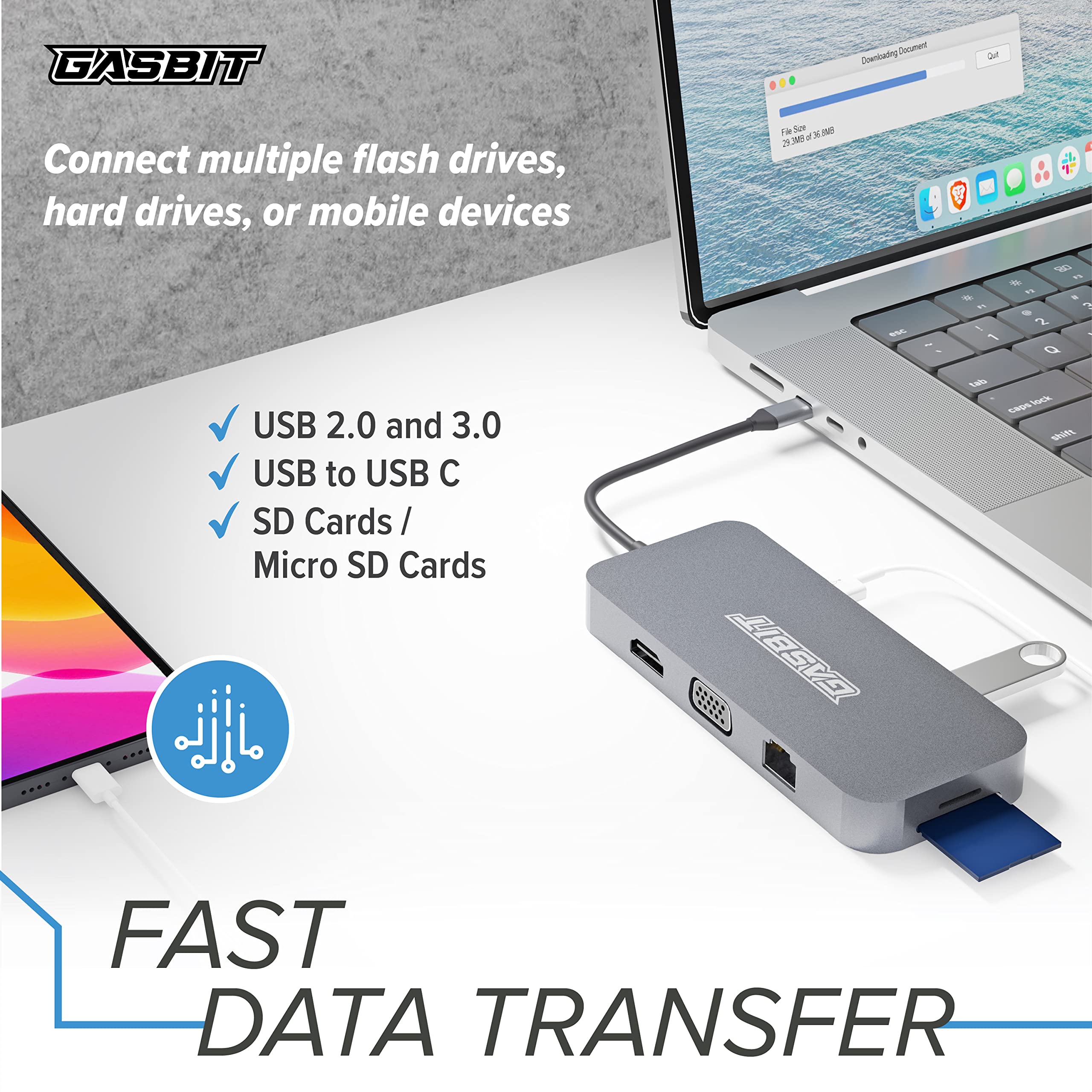 USB C Hub 10 in 1 for MacBook Pro/Air - Dell XPS - Lenovo - HP - 4K HDMI; Ethernet RJ 45; VGA; MicroSD/SD Card Reader; 2 x USB 2.0; 1 x USB 3.0; 1 x USB-C & Audio Jack.