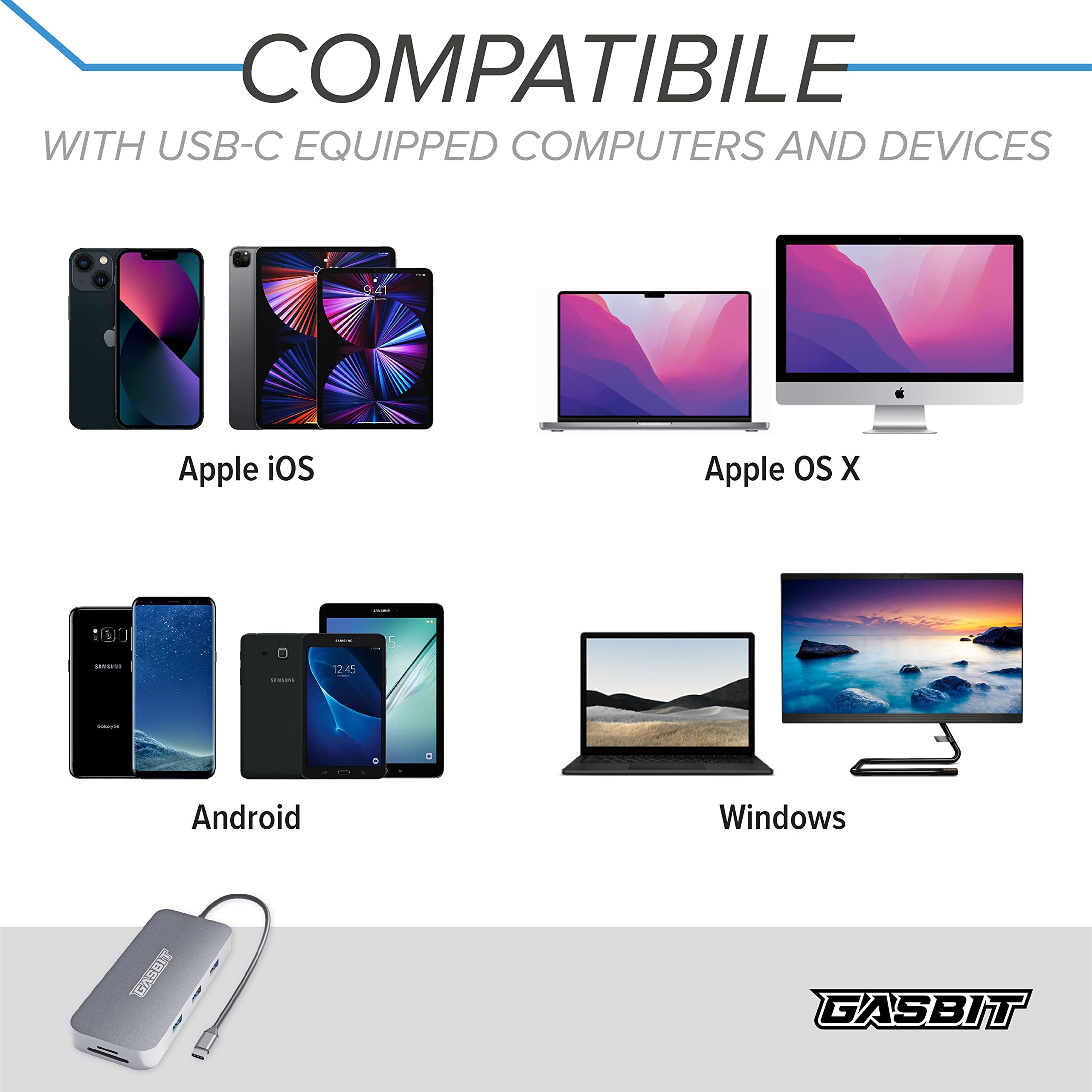 USB C Hub 10 in 1 for MacBook Pro/Air - Dell XPS - Lenovo - HP - 4K HDMI; Ethernet RJ 45; VGA; MicroSD/SD Card Reader; 2 x USB 2.0; 1 x USB 3.0; 1 x USB-C & Audio Jack.