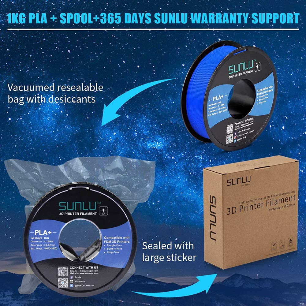 PLA+ 3D Printer Filament 1.75mm, SUNLU PLA Filament PRO, Dimensional Accuracy +/- 0.02 mm, 1 kg Spool, 1.75 PLA Plus, Black+Blue