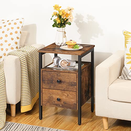 HOOBRO Nightstand, Bedside Table with 2 Drawers and Storage Shelves, Side End Table, Sofa Table for Living Room, Bedroom, Accent Furniture, Easy Assembly, Rustic Brown and Black BF43BZ01G2