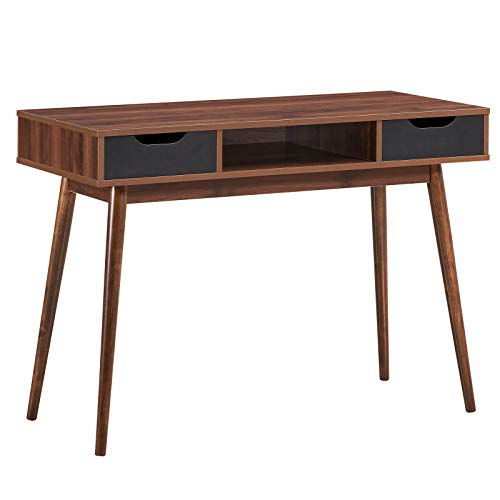 Tangkula Mid Century Desk with Drawers, Modern Writing Study Desk, Home Office Desk Computer Desk with Solid Wood Legs & Open Shelf, Study Workstation Multifunctional Vanity Table Desk for Bedroom
