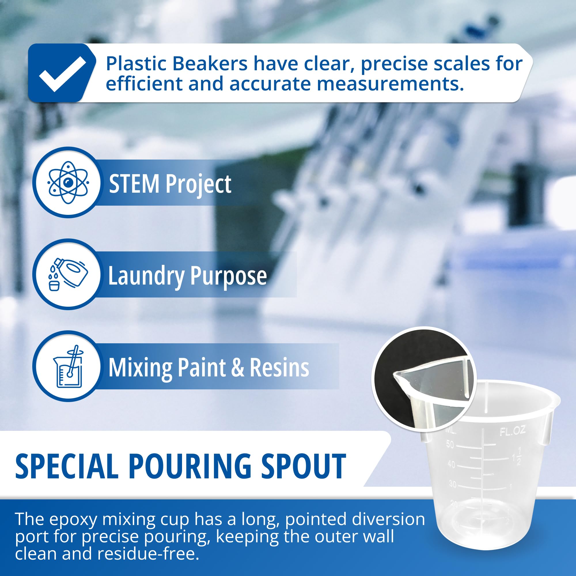 Plastic Beaker 50ml / 1.69 oz Set of 100 by Maryland Plastics β Clear Graduated Disposable Beakers with Easy-Pour Spout β Perfect for Resin Mixing, School Science Experiments, or Home Kitchen Use