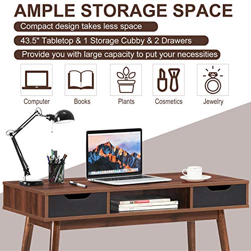 Tangkula Mid Century Desk with Drawers, Modern Writing Study Desk, Home Office Desk Computer Desk with Solid Wood Legs & Open Shelf, Study Workstation Multifunctional Vanity Table Desk for Bedroom