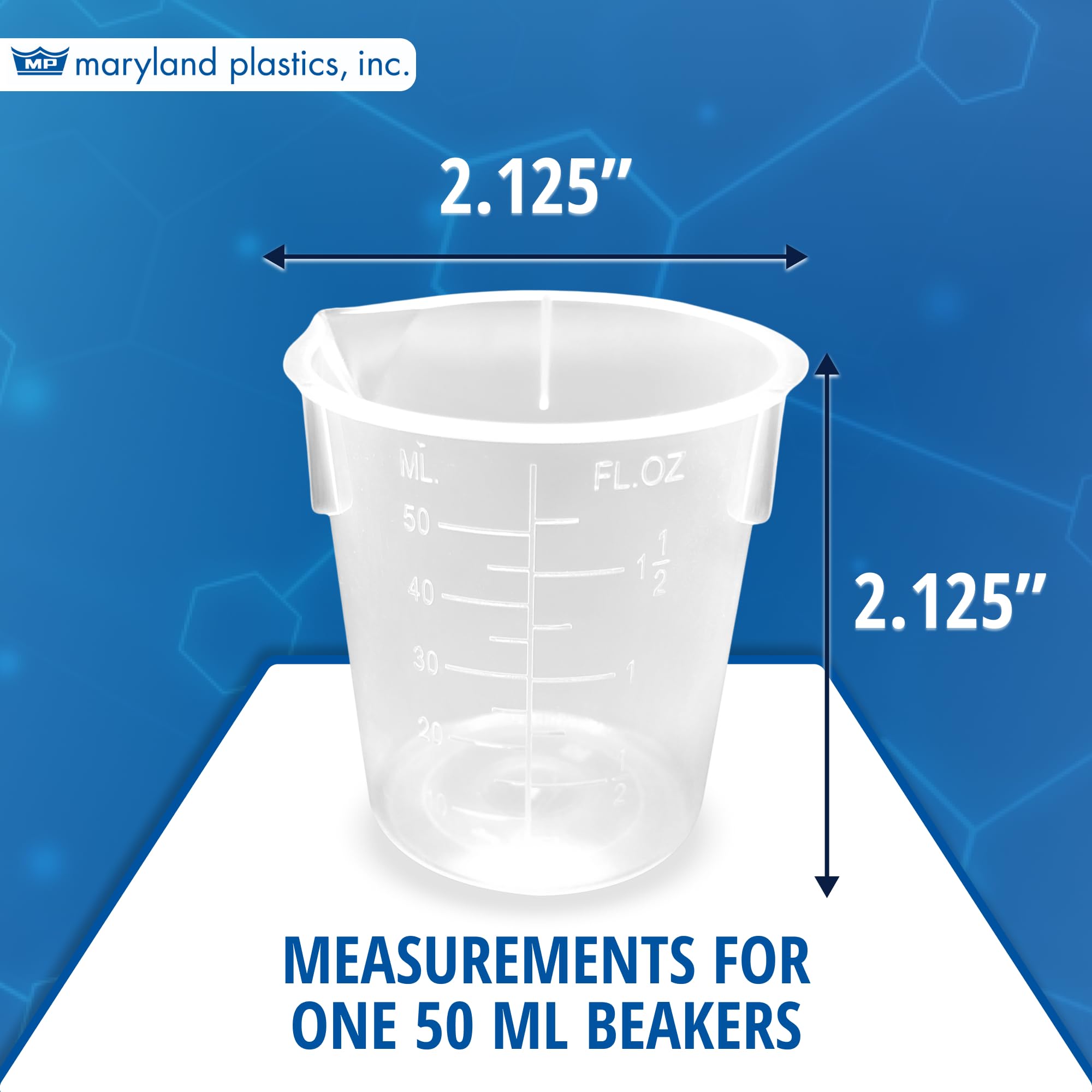 Plastic Beaker 50ml / 1.69 oz Set of 100 by Maryland Plastics β Clear Graduated Disposable Beakers with Easy-Pour Spout β Perfect for Resin Mixing, School Science Experiments, or Home Kitchen Use