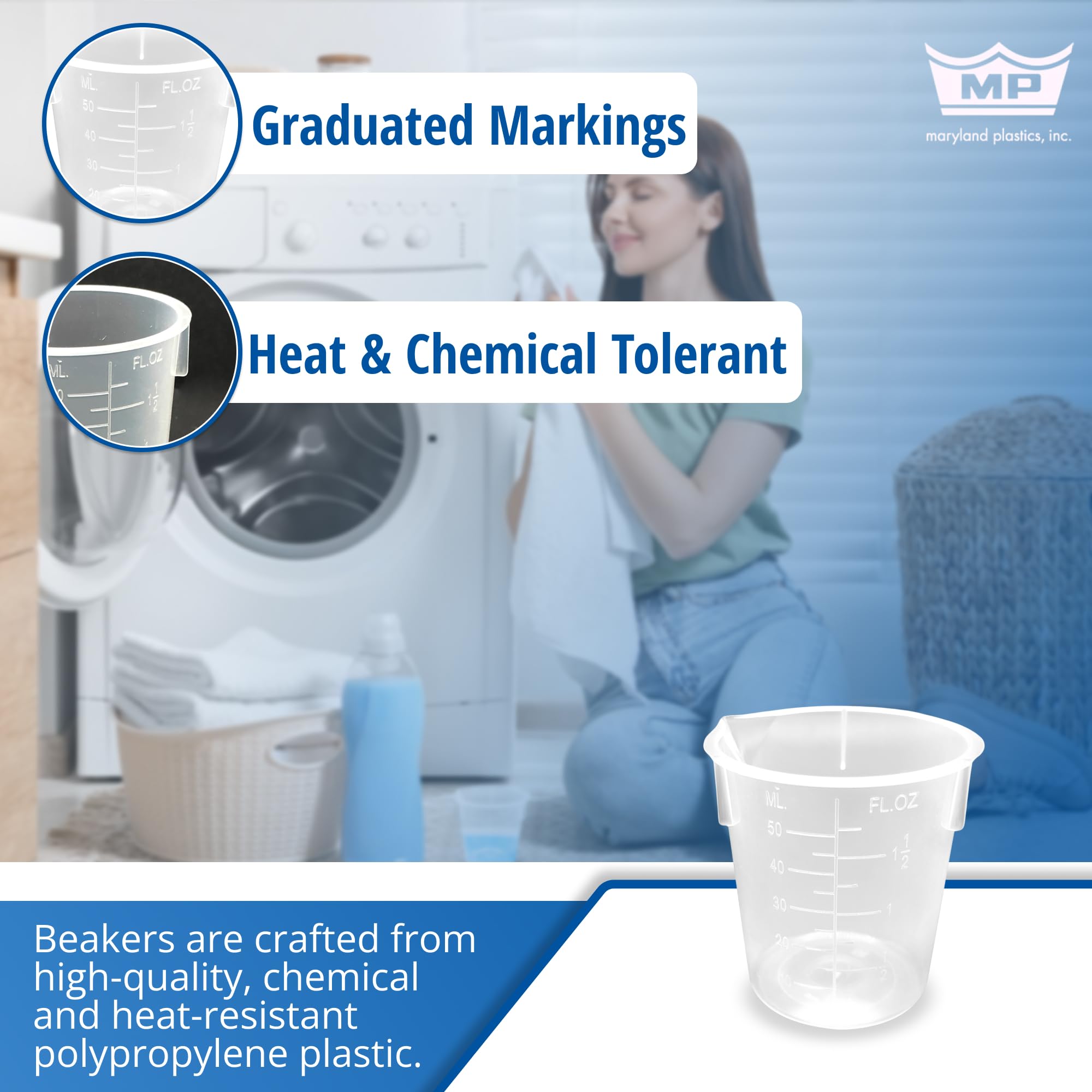 Plastic Beaker 50ml / 1.69 oz Set of 100 by Maryland Plastics β Clear Graduated Disposable Beakers with Easy-Pour Spout β Perfect for Resin Mixing, School Science Experiments, or Home Kitchen Use