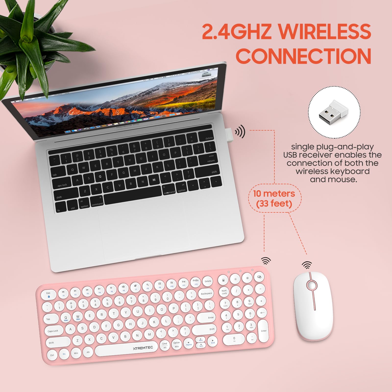 Wireless Keyboard and Mouse Combo, XTREMTEC Cute Compact Keyboard Pink Retro Round Keycap, Ultra Thin Quiet 2.4GHz Retro Kawaii Keyboard for Mac/PC/Laptop (Sakura Pink)