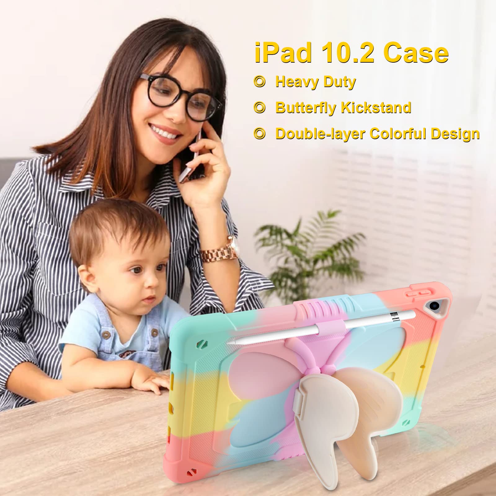 VOFUOE for iPad 9th 8th 7th Generation Case with Kickstand Butterfly Wings Pencil Holder for iPad 10.2 Case Heavy Duty Hard Rugged Protective Cover Kids Girls for iPad 9th/8th/7th Gen(2021/2020/2019)