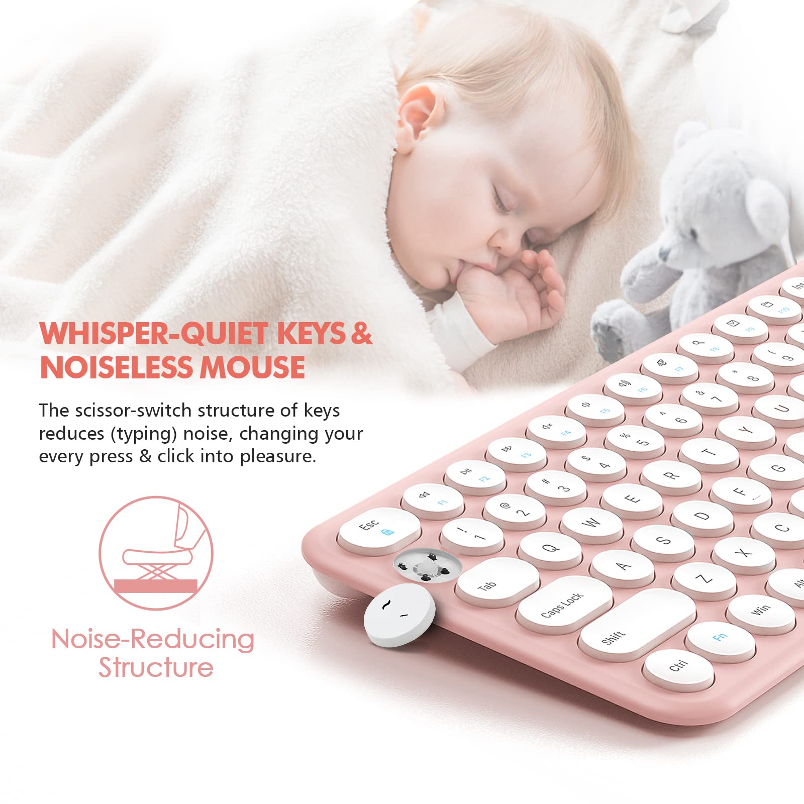 Wireless Keyboard and Mouse Combo, XTREMTEC Cute Compact Keyboard Pink Retro Round Keycap, Ultra Thin Quiet 2.4GHz Retro Kawaii Keyboard for Mac/PC/Laptop (Sakura Pink)