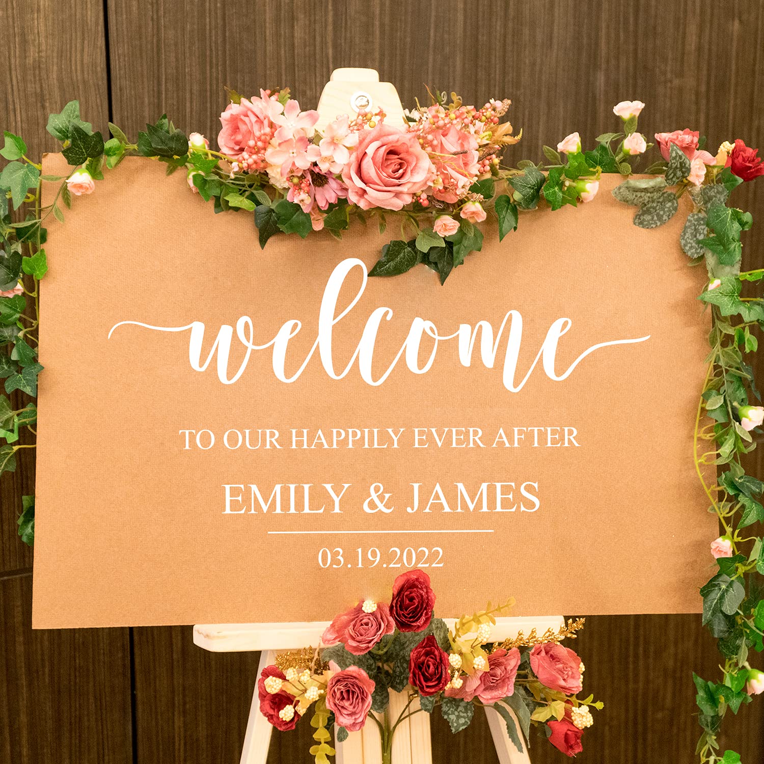 Vinyl Art Decal - Custom Welcome to Our Happily Ever After - 17" x 30" - Cute Elegant Sticker Personalized Wedding Greeting Bride Groom Marriage Reception Hall Garden Buffett Entrance Decor (White)