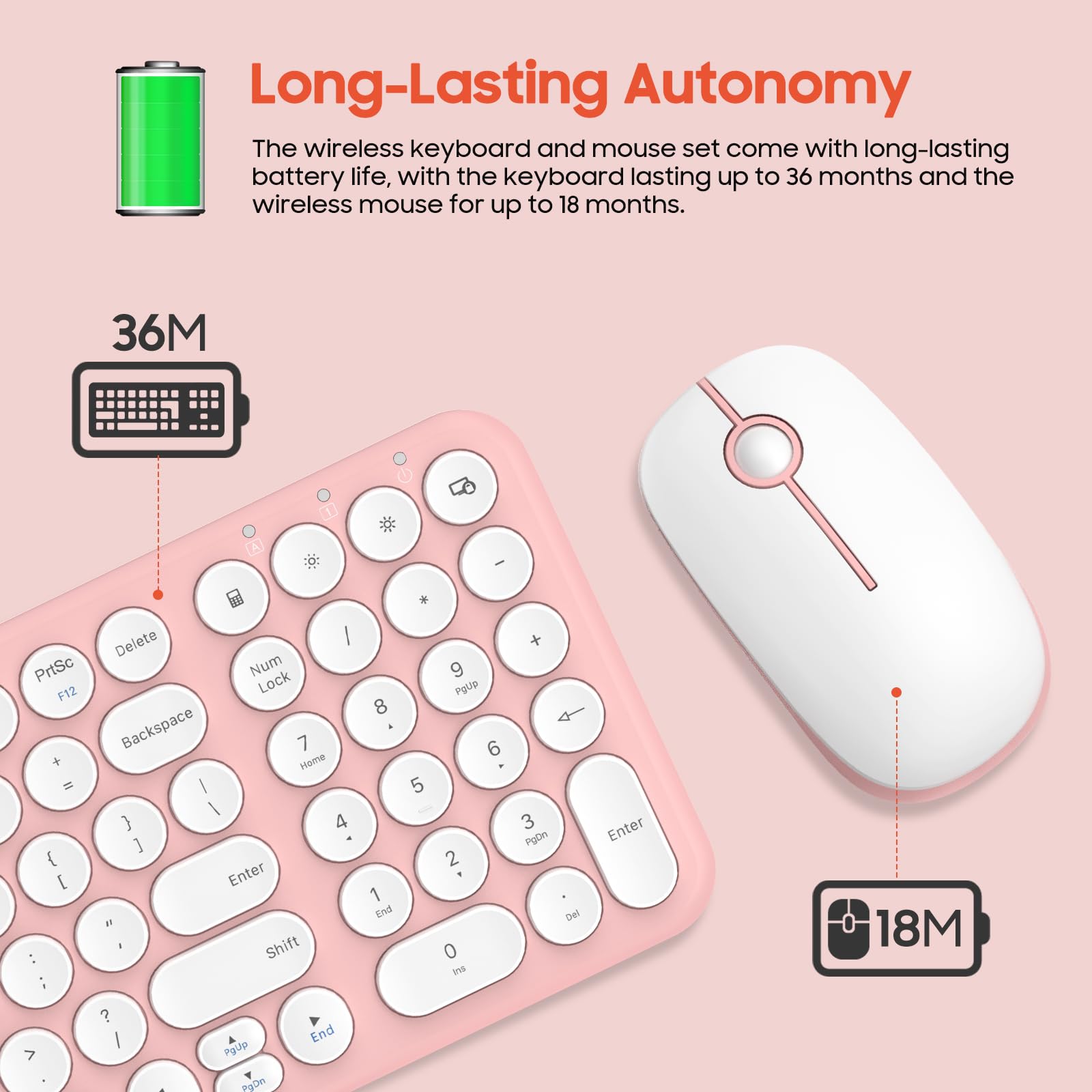 Wireless Keyboard and Mouse Combo, XTREMTEC Cute Compact Keyboard Pink Retro Round Keycap, Ultra Thin Quiet 2.4GHz Retro Kawaii Keyboard for Mac/PC/Laptop (Sakura Pink)