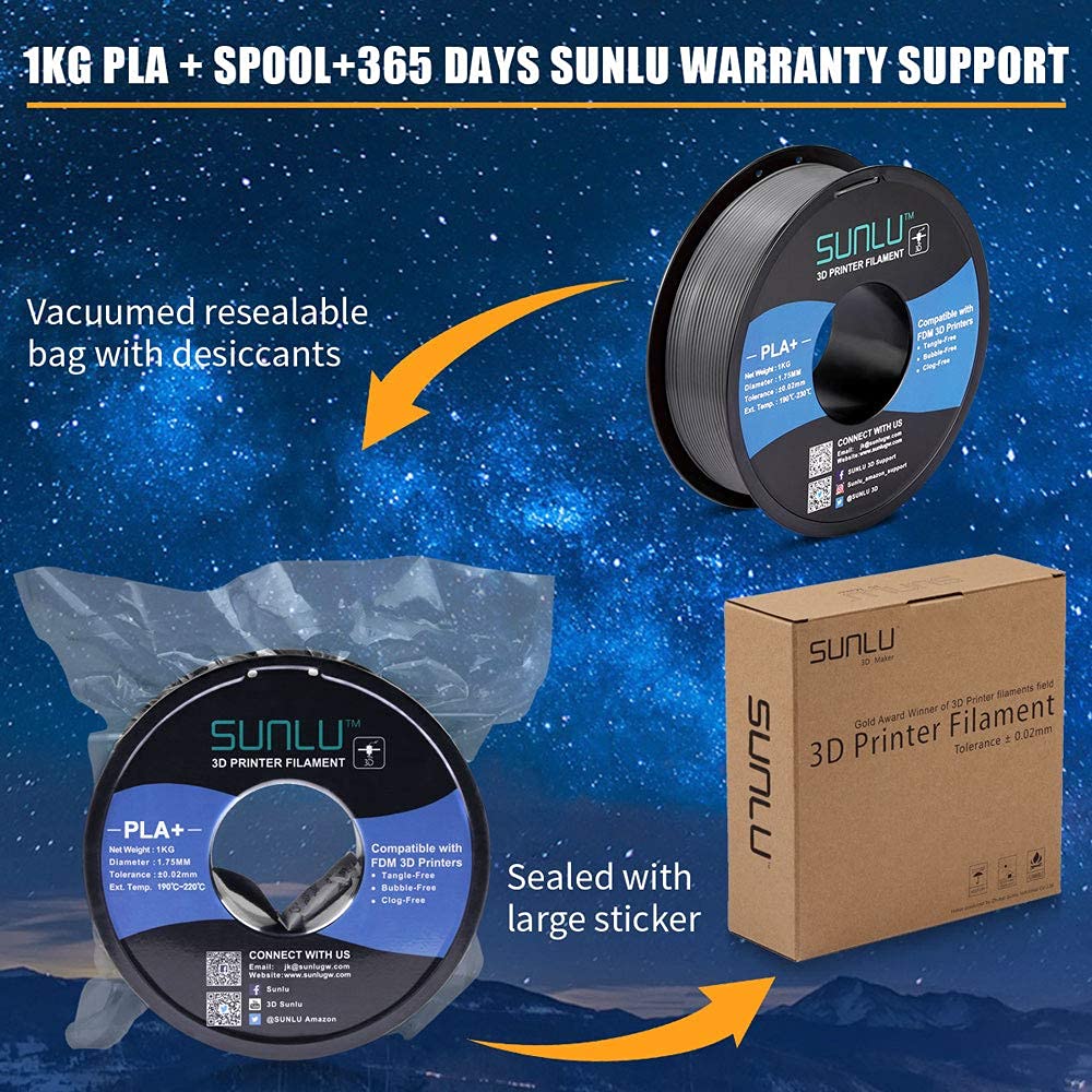 PLA+ 3D Printer Filament 1.75mm, SUNLU PLA Filament PRO, Dimensional Accuracy +/- 0.02 mm, 1 kg Spool, 1.75 PLA Plus, Black+Grey