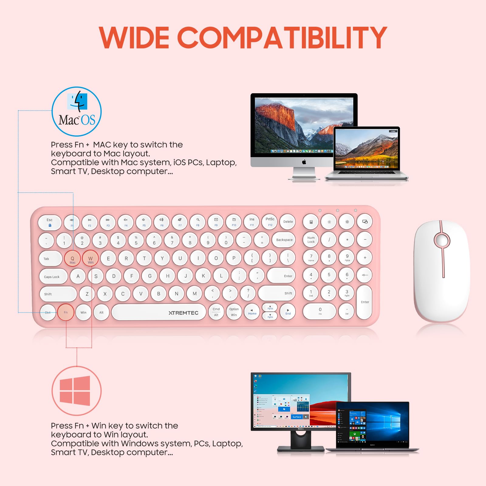 Wireless Keyboard and Mouse Combo, XTREMTEC Cute Compact Keyboard Pink Retro Round Keycap, Ultra Thin Quiet 2.4GHz Retro Kawaii Keyboard for Mac/PC/Laptop (Sakura Pink)