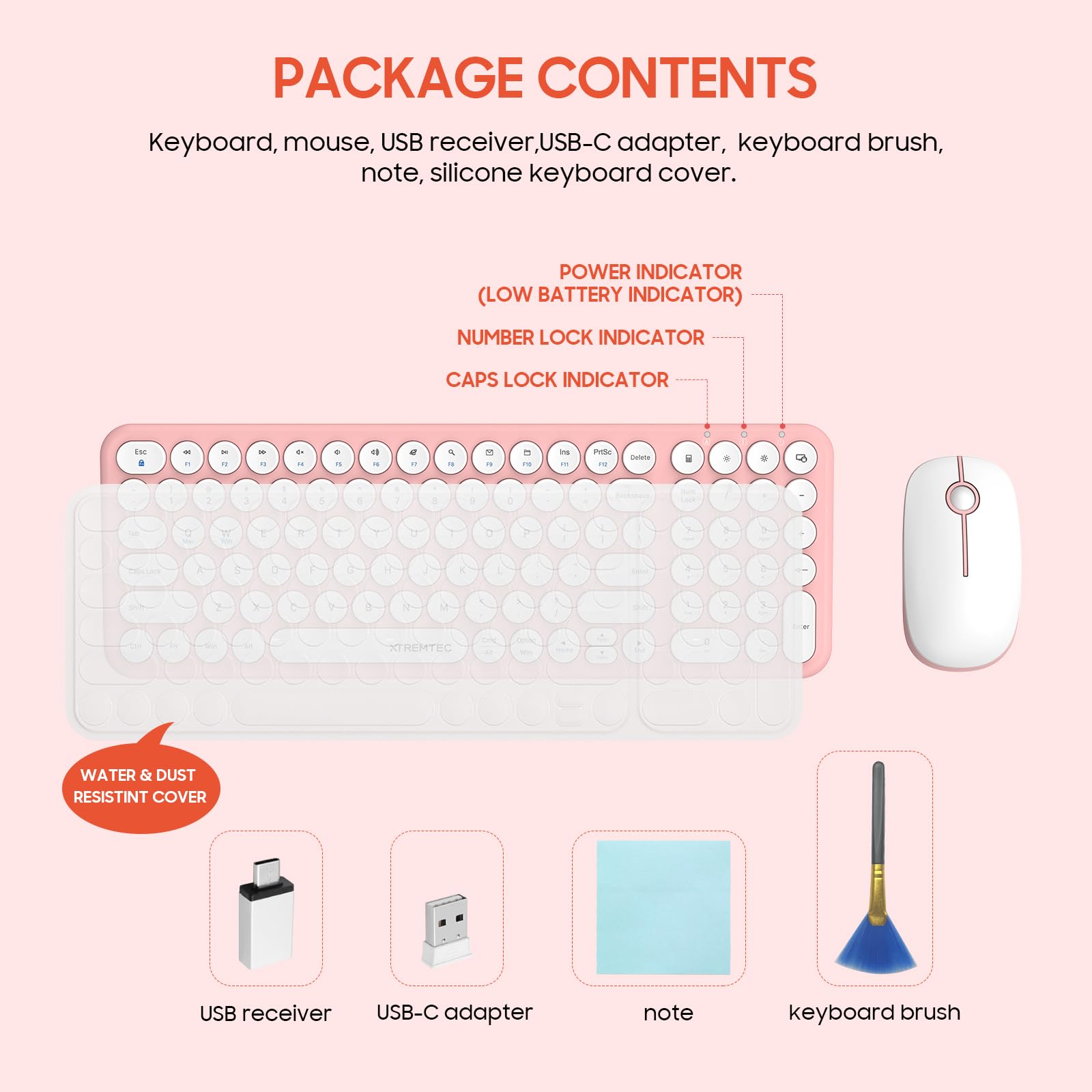 Wireless Keyboard and Mouse Combo, XTREMTEC Cute Compact Keyboard Pink Retro Round Keycap, Ultra Thin Quiet 2.4GHz Retro Kawaii Keyboard for Mac/PC/Laptop (Sakura Pink)