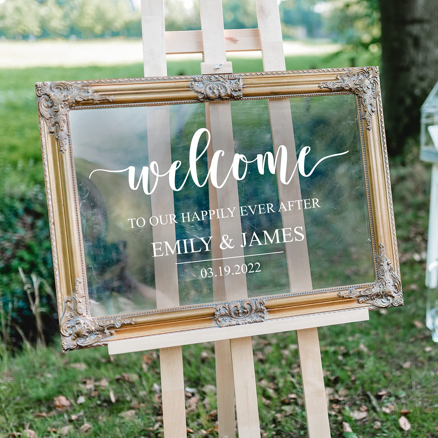 Vinyl Art Decal - Custom Welcome to Our Happily Ever After - 17" x 30" - Cute Elegant Sticker Personalized Wedding Greeting Bride Groom Marriage Reception Hall Garden Buffett Entrance Decor (White)