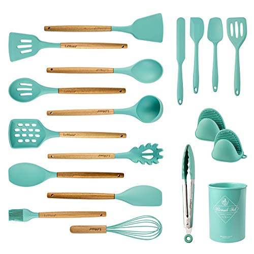 LeMuna 18pcs Silicone Kitchen Utensils Set, Kitchen Cooking Utensils Set with Holder, Wooden Handle Silicone Utensils Set, Heat Resistant, BPA Free, Non Toxic