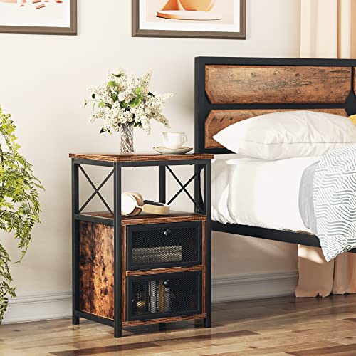 VECELO Modern Night Stand, End Side Table with Storage Space and Door, Nightstands with Flip Drawers for Living Room,Bedroom,Lounge,Set of 2, Brown