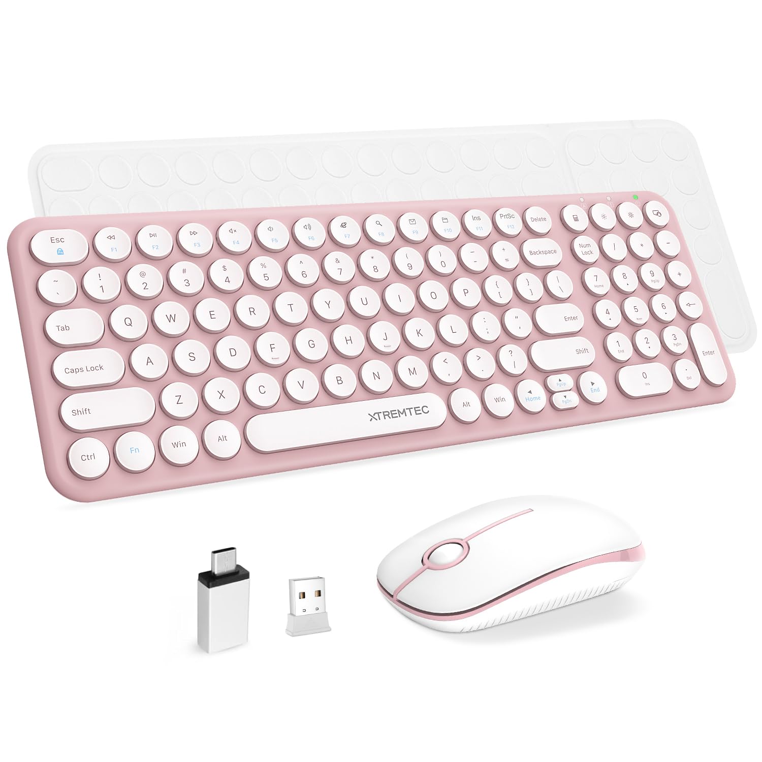 Wireless Keyboard and Mouse Combo, XTREMTEC Cute Compact Keyboard Pink Retro Round Keycap, Ultra Thin Quiet 2.4GHz Retro Kawaii Keyboard for Mac/PC/Laptop (Sakura Pink)