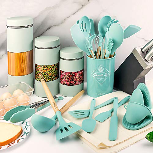 LeMuna 18pcs Silicone Kitchen Utensils Set, Kitchen Cooking Utensils Set with Holder, Wooden Handle Silicone Utensils Set, Heat Resistant, BPA Free, Non Toxic