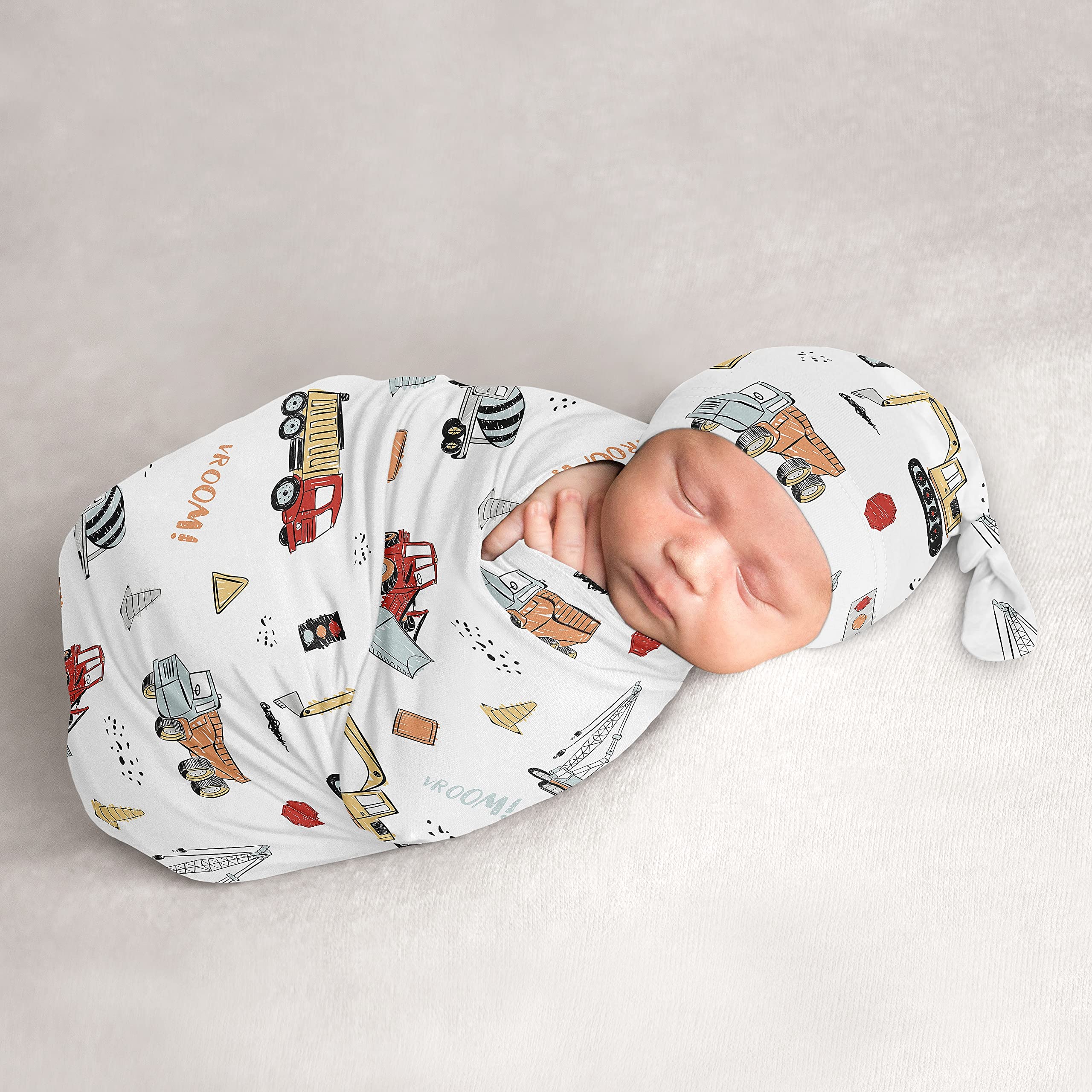 Sweet Jojo Designs Construction Truck Baby Boy Cocoon and Beanie Hat Set Jersey Stretch Knit Sleeping Bag Infant Newborn Nursery Sleep Wrap Sack - Grey Yellow Orange Red and Blue Transportation