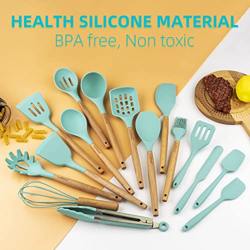 LeMuna 18pcs Silicone Kitchen Utensils Set, Kitchen Cooking Utensils Set with Holder, Wooden Handle Silicone Utensils Set, Heat Resistant, BPA Free, Non Toxic