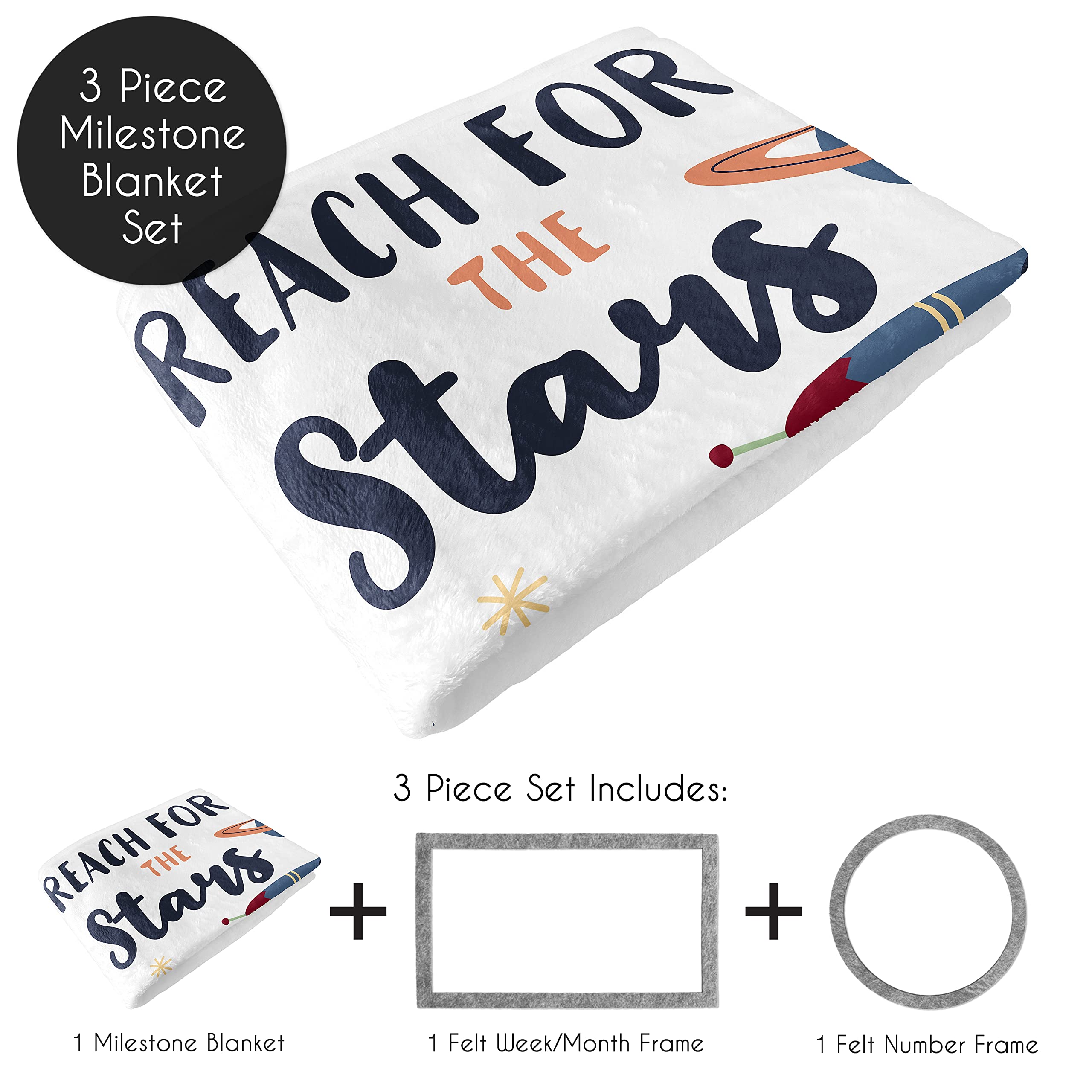 Sweet Jojo Designs Space Galaxy Boy Milestone Blanket Monthly Newborn First Year Growth Mat Baby Shower Memory Keepsake Gift Picture - Navy Blue Planets Star and Moon Rocket Ship Reach for The Stars
