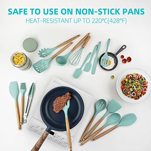 LeMuna 18pcs Silicone Kitchen Utensils Set, Kitchen Cooking Utensils Set with Holder, Wooden Handle Silicone Utensils Set, Heat Resistant, BPA Free, Non Toxic