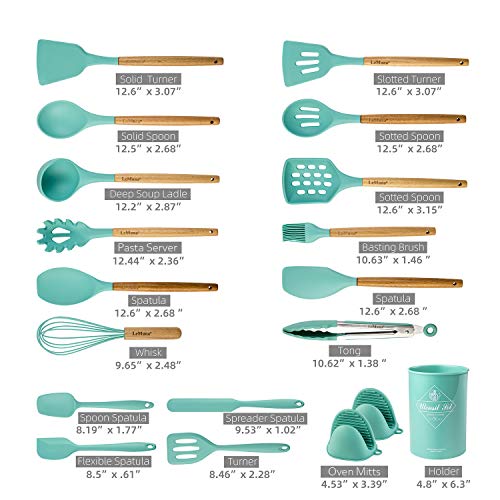 LeMuna 18pcs Silicone Kitchen Utensils Set, Kitchen Cooking Utensils Set with Holder, Wooden Handle Silicone Utensils Set, Heat Resistant, BPA Free, Non Toxic