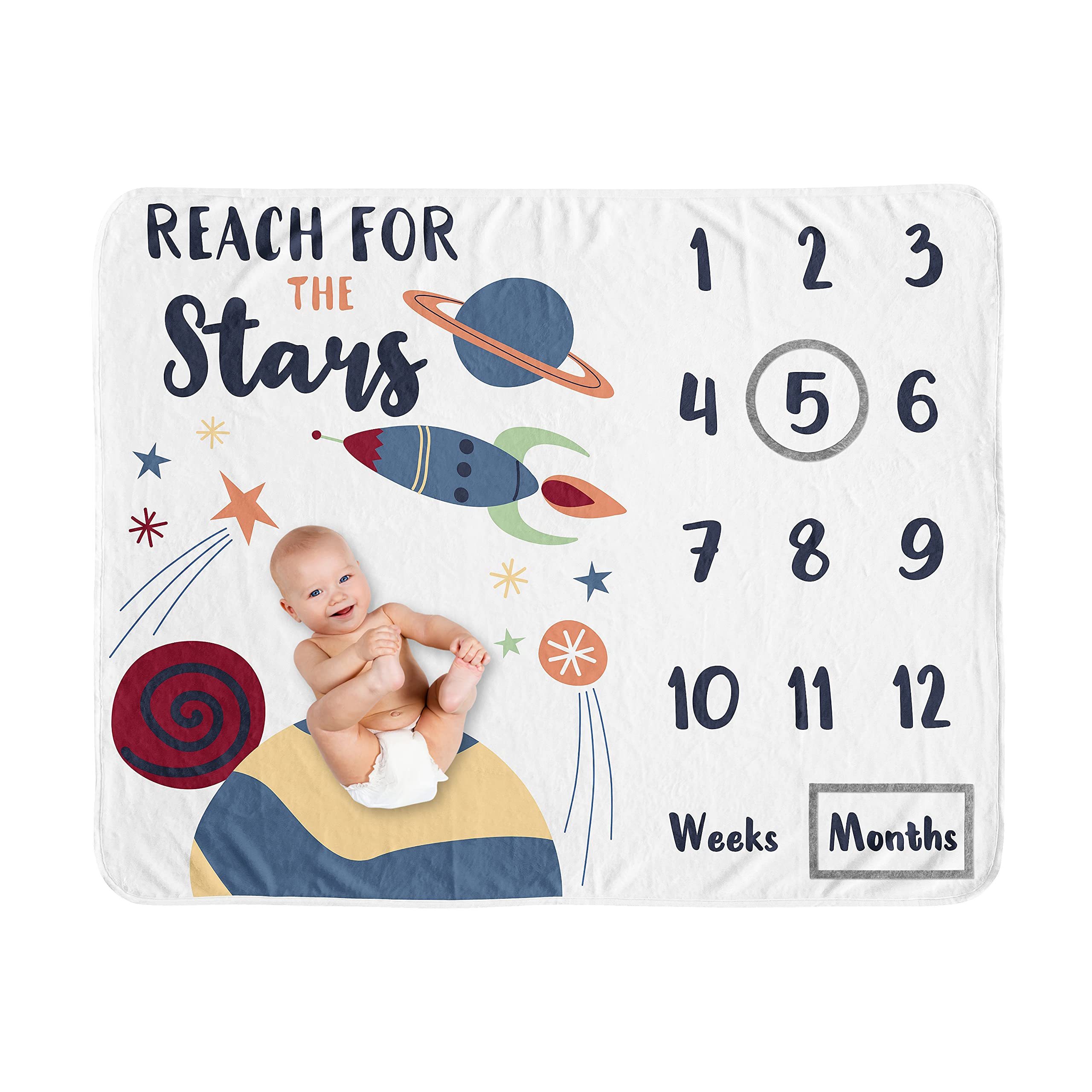 Sweet Jojo Designs Space Galaxy Boy Milestone Blanket Monthly Newborn First Year Growth Mat Baby Shower Memory Keepsake Gift Picture - Navy Blue Planets Star and Moon Rocket Ship Reach for The Stars