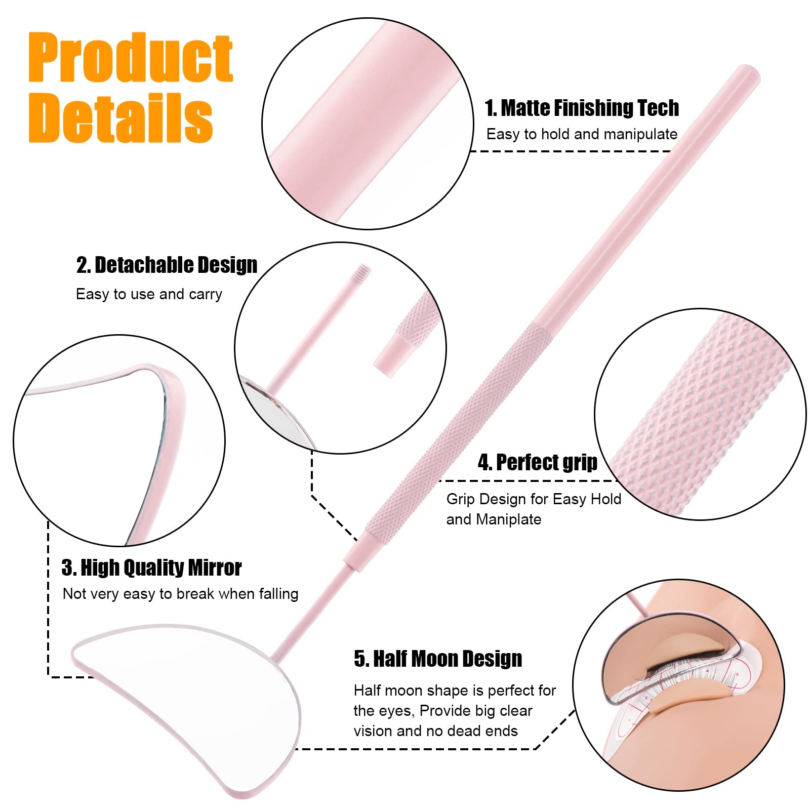 Lash Extension Supplies, Pink Lash Mirror for Eyelash Extensions, Large Half Moon Eyelash Mirror, Stainless Steel Lash Inspection Mirror for Lash Technician Supplies