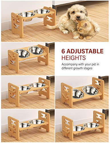 Vantic Elevated Dog Bowls-Adjustable Raised Dog Bowls with Stand for Small Size Dogs and Cats,Durable Bamboo Dog Feeder with 2 Stainless Steel Bowls and Non-Slip Feet