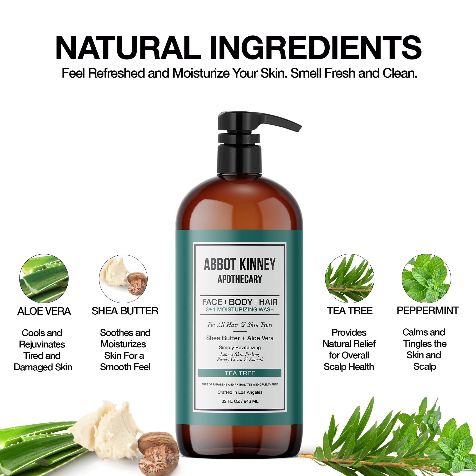 Men's 3-in-1 Wash, Moisturizing Shampoo, Conditioner, and Body Wash for Men, Suitable for All Skin and Hair Types, 32oz - Abbot Kinney Apothecary (Tea Tree) β 2 Pack
