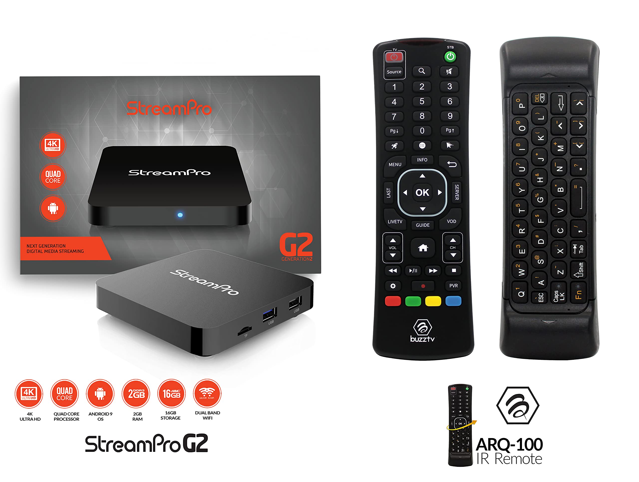 buzz tv 2021 StreamPro G2 | Android TV 4K | 2GB RAM |16GB Internal Memory with Bonus ARQ-100 Wireless Air Mouse Keyboard Remote