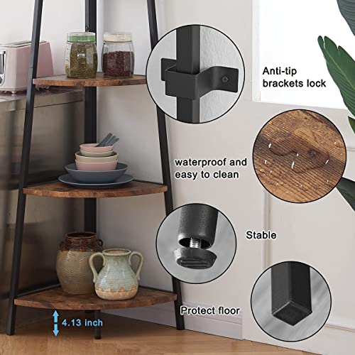 OIAHOMY Corner Shelf 70 Inch Tall Bookcase 5- Tier Industrial Corner Bookshelf Corner Ladder Shelf Small Bookshelf Rustic Plant Stand Rack Freestanding -Rustic Brown