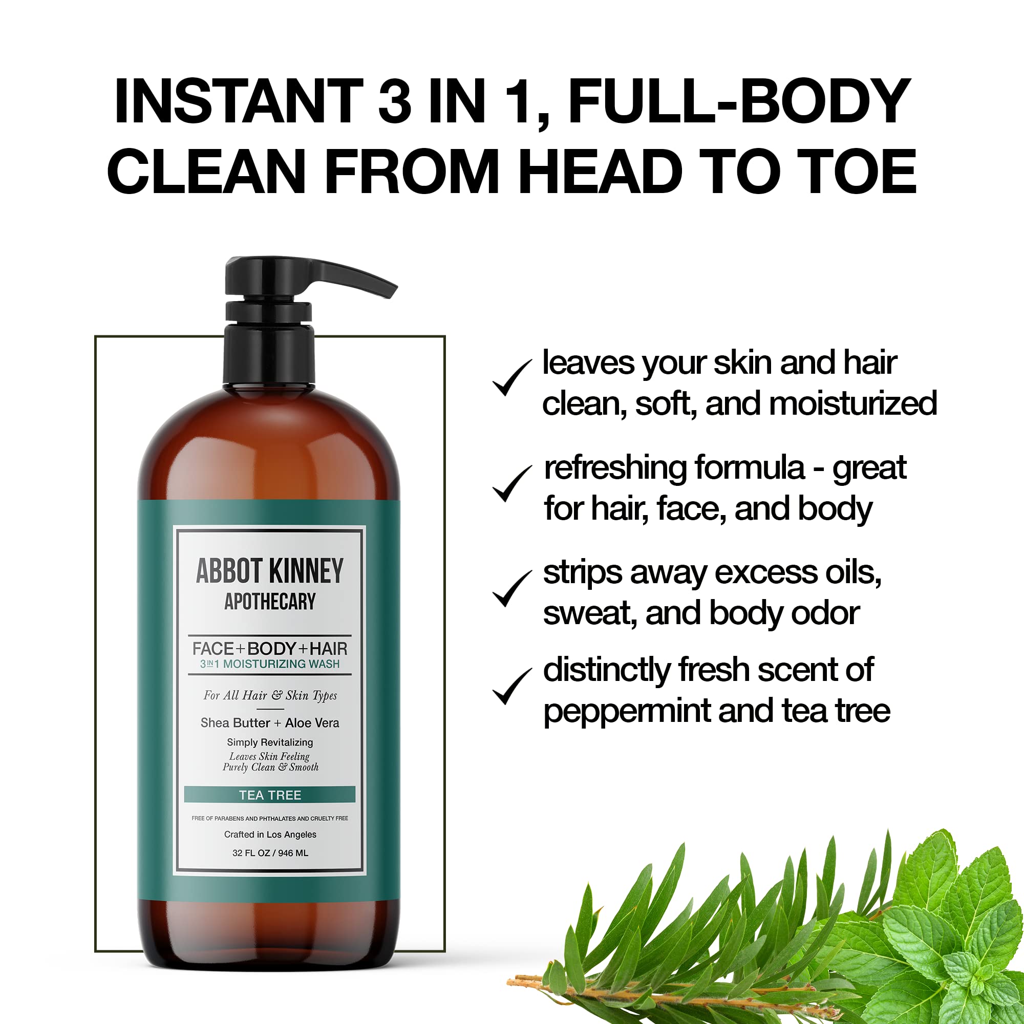 Men's 3-in-1 Wash, Moisturizing Shampoo, Conditioner, and Body Wash for Men, Suitable for All Skin and Hair Types, 32oz - Abbot Kinney Apothecary (Tea Tree) β 2 Pack