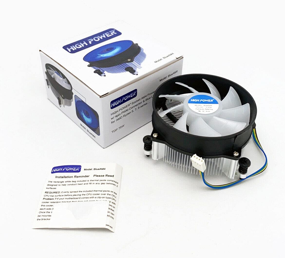 HIGH POWER BlueAM4 Blue LED Light CPU Air Cooler with Aluminum Heatsink & 95mm PWM Cooling Fan for AMD Ryzen 5,7,9 Processor/Socket AM4 / AM5 PC Motherboard