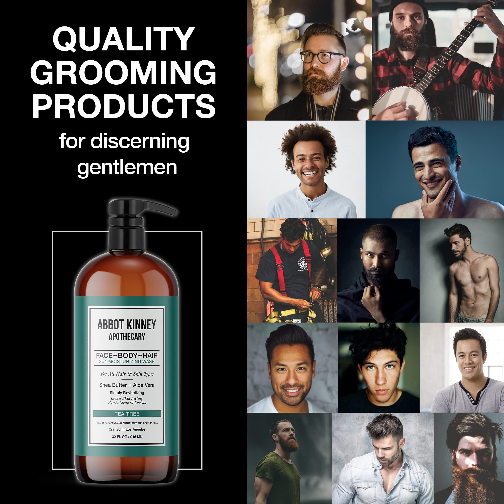 Men's 3-in-1 Wash, Moisturizing Shampoo, Conditioner, and Body Wash for Men, Suitable for All Skin and Hair Types, 32oz - Abbot Kinney Apothecary (Tea Tree) β 2 Pack