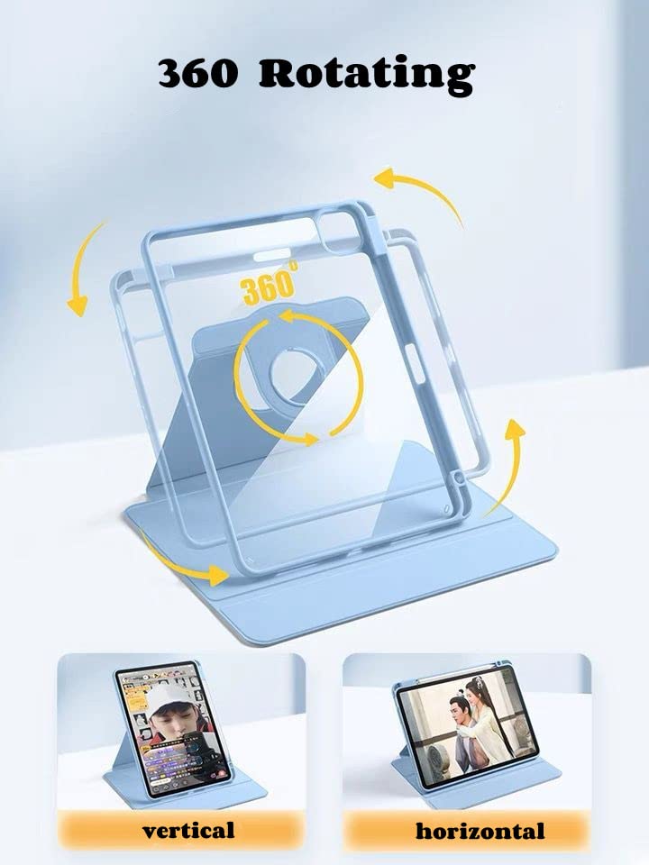 Rotating Case for iPad Mini 6 (iPad Mini 6th Generation 8.3 Inch) - [Built-in Pencil Holder] 360 Degree Rotate Stand Cover, Clear Transparent Back Shell (iPad Mini 6(8.3 inch), Sky Blue)