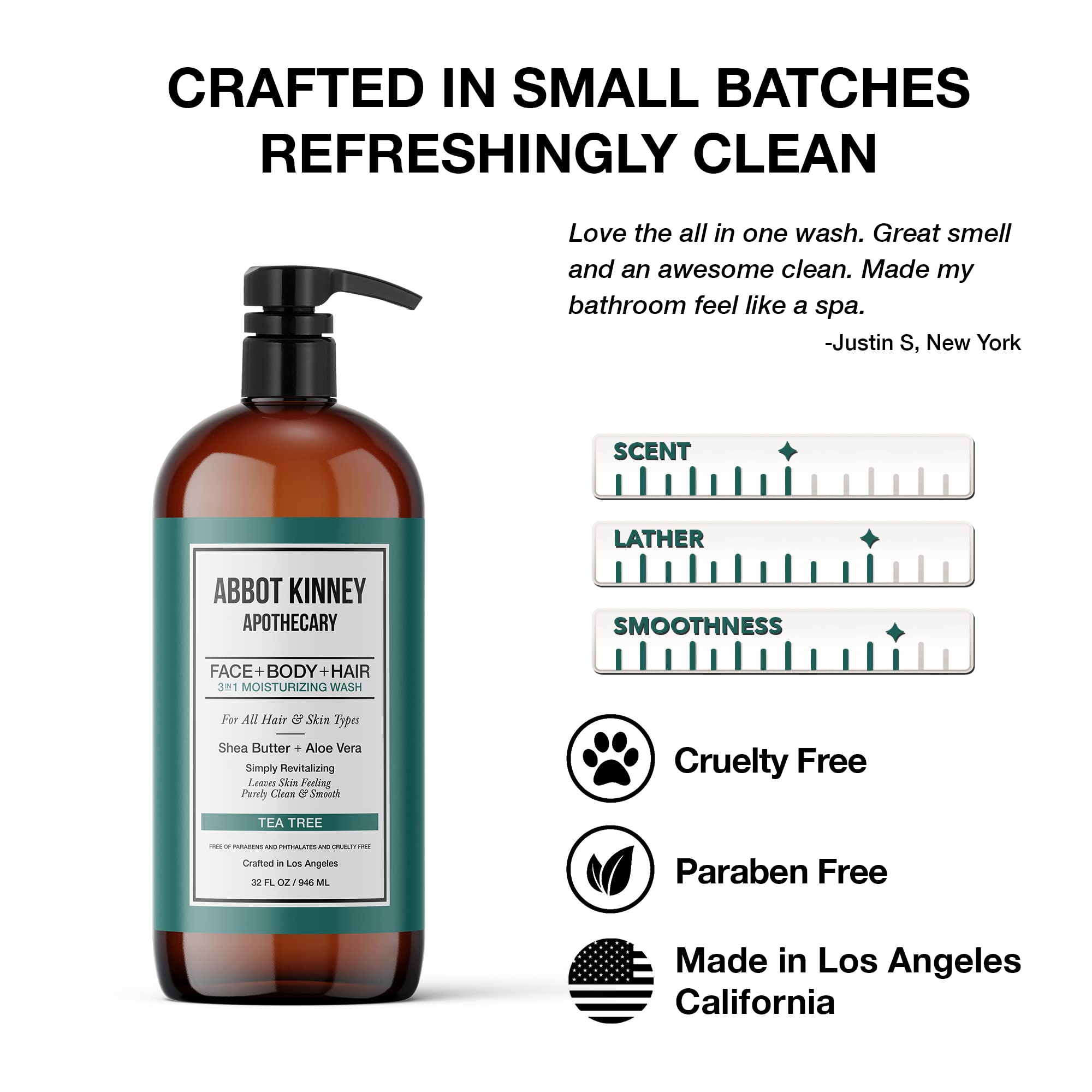Men's 3-in-1 Wash, Moisturizing Shampoo, Conditioner, and Body Wash for Men, Suitable for All Skin and Hair Types, 32oz - Abbot Kinney Apothecary (Tea Tree) β 2 Pack